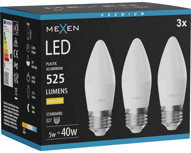 Mexen Nova 3x LED žárovka E27, C37, 5W, Teplá - 3000K, 525 lm - L102-E27-0530-01x03