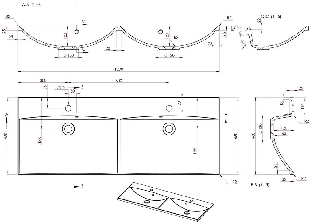 Sapho MARIA dvojumyvadlo 120x46cm, litý mramor, bílá, MA120