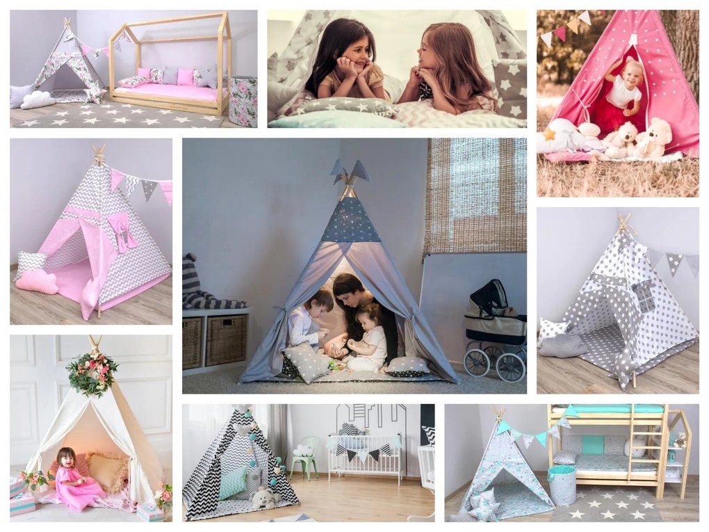Dětský stan TEEPEE (TÝPÍ) MINT S HVĚZDIČKAMI + doplňky