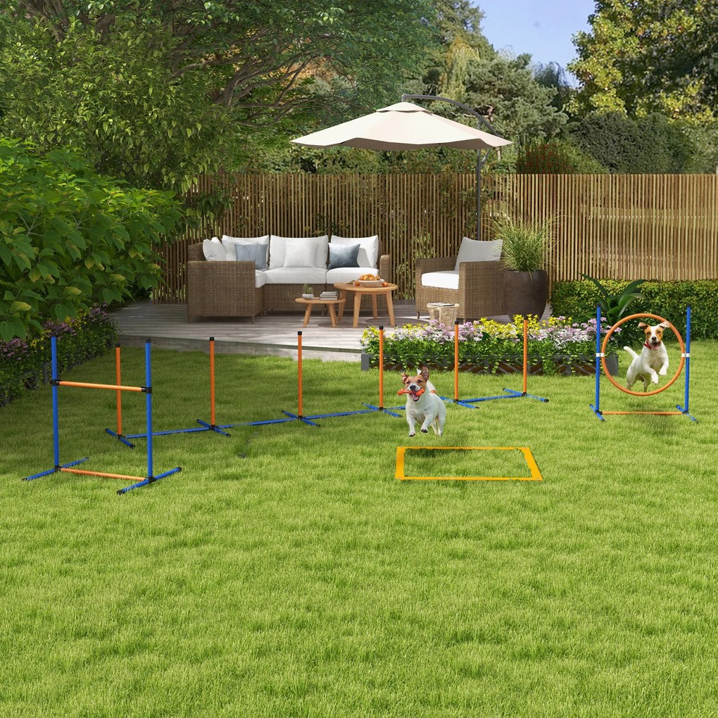 PawHut agility set pro psy se 4 výškově nastavitelnými agility překážkami, tyčemi, break boxem a skákacím kruhem pro efektivní výcvik psů