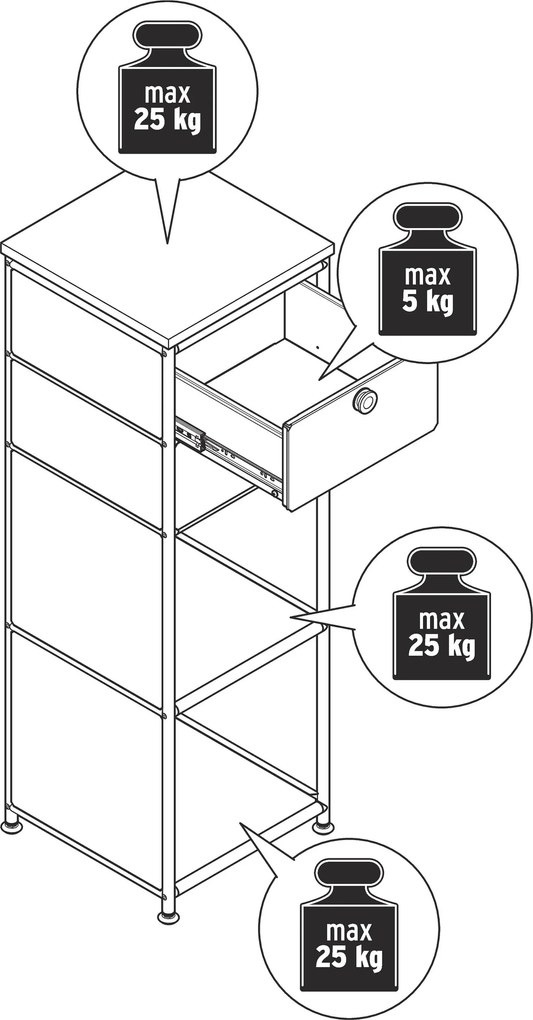 Tchibo - Úzká kovová komoda »Cn3« s dřevěnou deskou a 2 zásuvkami - barva: šedá