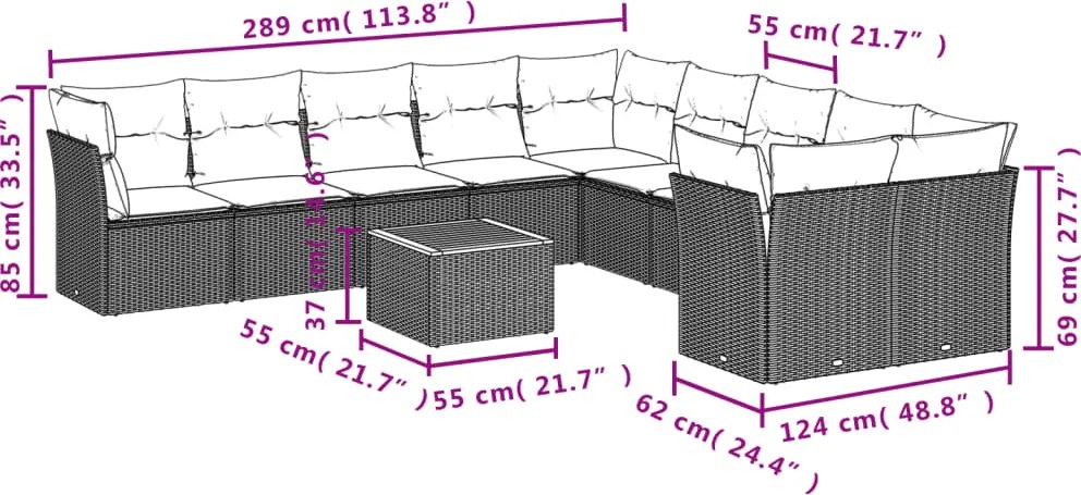 11dílný zahradní sedací souprava s poduškami béžový polyratan 3223854