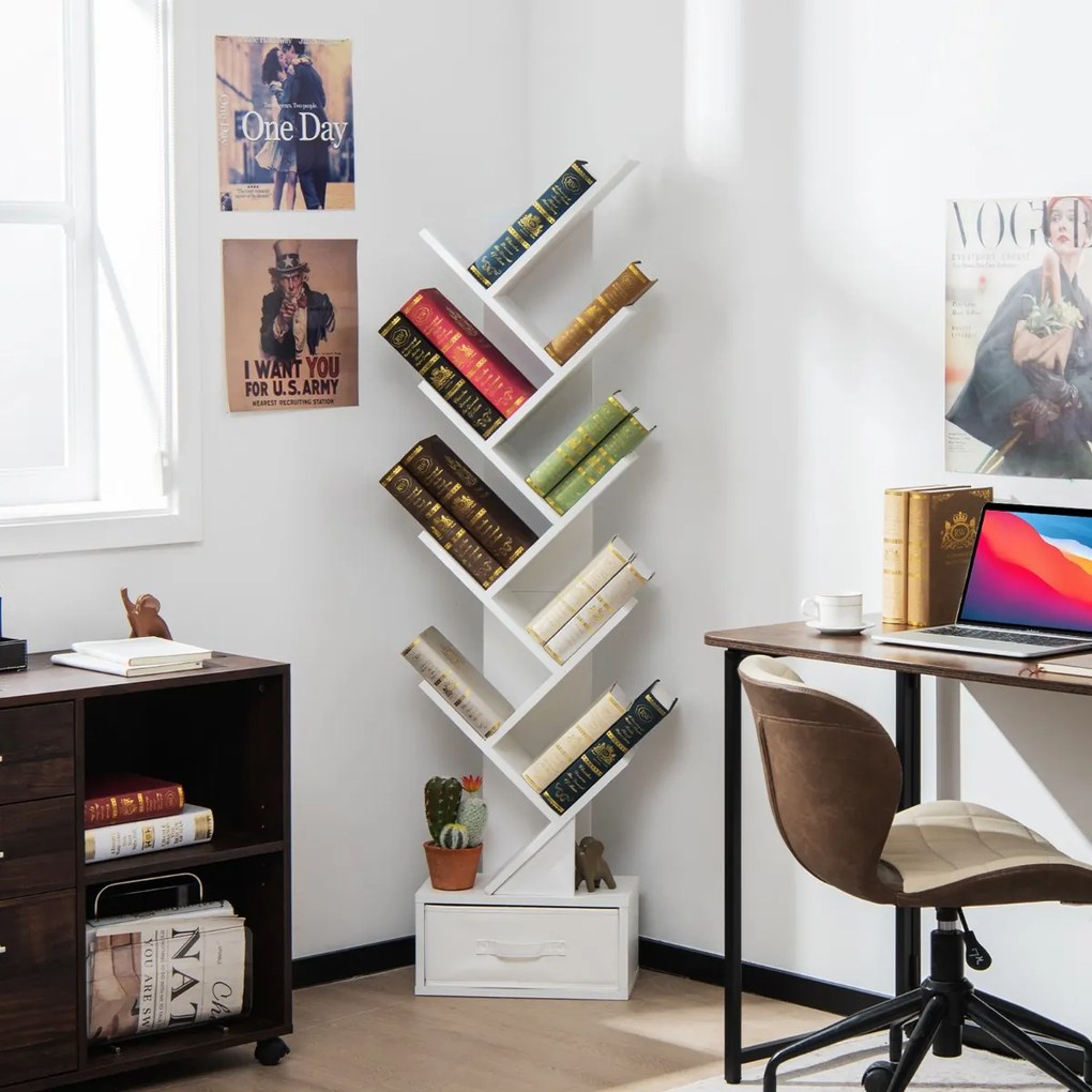Costway Knihovna 10 Tier Tree Book se zásuvkou na podlaze stojící úložný regál