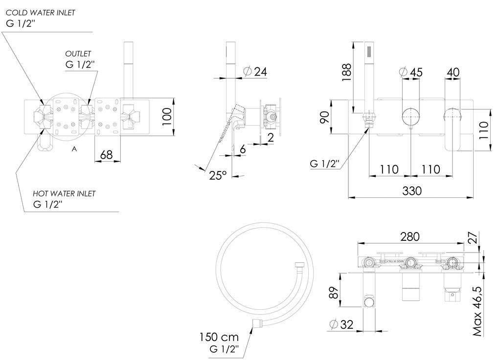 Sapho Sapho, SPY podom. sprch. baterie, ruční sprcha, 2 výstupy, PY52