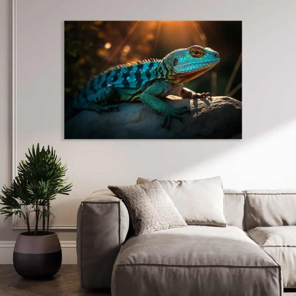 Obraz na plátně - Ještěrka se vyhřívá na kameni FeelHappy.cz Velikost obrazu: 90 x 60 cm