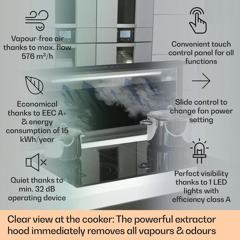 Klarstein Royal Flush Eco, digestoř, 90 cm, výsuvná, 576 m³/h, A+, černá