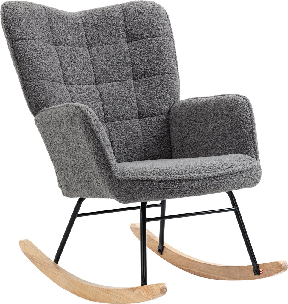 HOMCOM houpací křeslo – polstrované křeslo s berberským fleecem, dřevěné běhouny, ergonomické opěradlo a područky, do obýváku i ložnice, nosnost 120 k