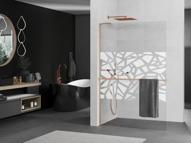 Mexen Kioto+ L, sprchová zástěna Walk-In s poličkou a věšákem 70 x 200 cm, 8mm čiré sklo bílý vzor, ​​měděný matný profil, 800-070-123-65-85