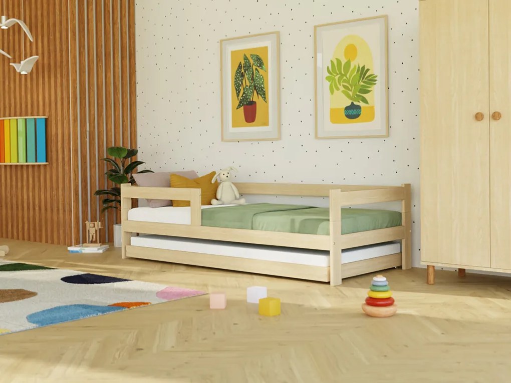 Benlemi Jednolůžková postel ze dřeva SAFE 5v1 se zábranou a přistýlkou Zvolte barvu: Béžová, Zvolte rozměr: 90x180 cm, Zvolte zábranu: S jednou zábranou