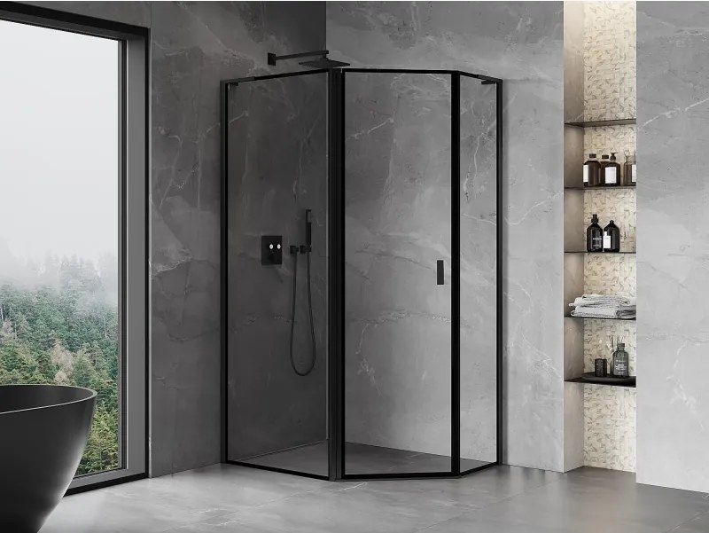 Mexen Mist L, pětiúhelníkový sprchový kout s křídlovými dveřmi, 90 x 80 cm, 8mm čiré sklo, černý profil, 8A8L-090-080-70-70-L