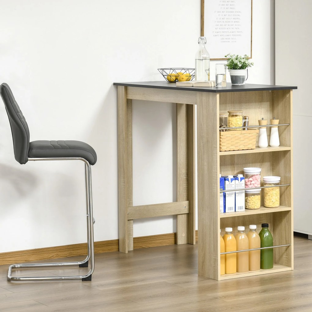 HOMCOM Vysoký Barový Stůl - dim. 112D x 57Š x 106V cm - 3 police - světlý dub-černý povrch