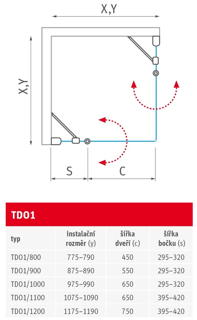 Čtvercový sprchový kout s jednokřídlými dveřmi a pevnou stěnou TB+TDO1 Viz technická specifikace Transparent Brillant TB/1000+TDO1/1000 1000 1000 TB/1000_TDO1/1000_br_tr