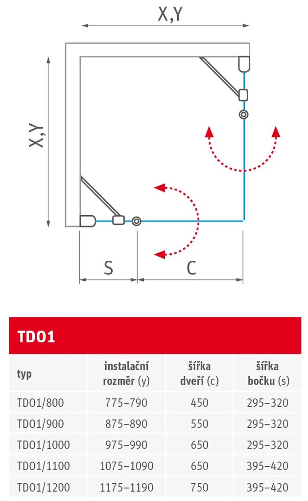 Čtvercový sprchový kout s jednokřídlými dveřmi a pevnou stěnou TB+TDO1 Viz technická specifikace Transparent Brillant TB/800+TDO1/1000 1000 800 TB/800_TDO1/1000_br_tr