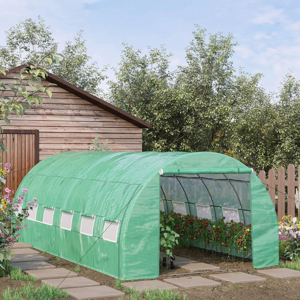 Outsunny polytunelový skleník 6x3x2m s UV ochranou, průchozí, rolovací kryty z trubkové oceli, zelený