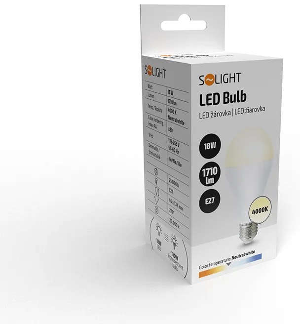 Solight LED žárovka, klasický tvar, 18W, E27, 4000K, 270°, 1710lm