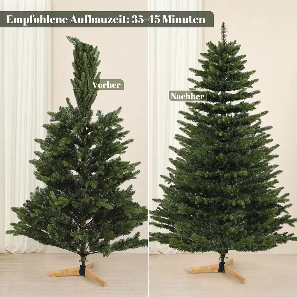 HOMCOM Umělý vánoční stromek 180 cm, jedle Fraser s dřevěným stojanem, 988 realistických špiček větviček pro domácnost a kancelář, zelený