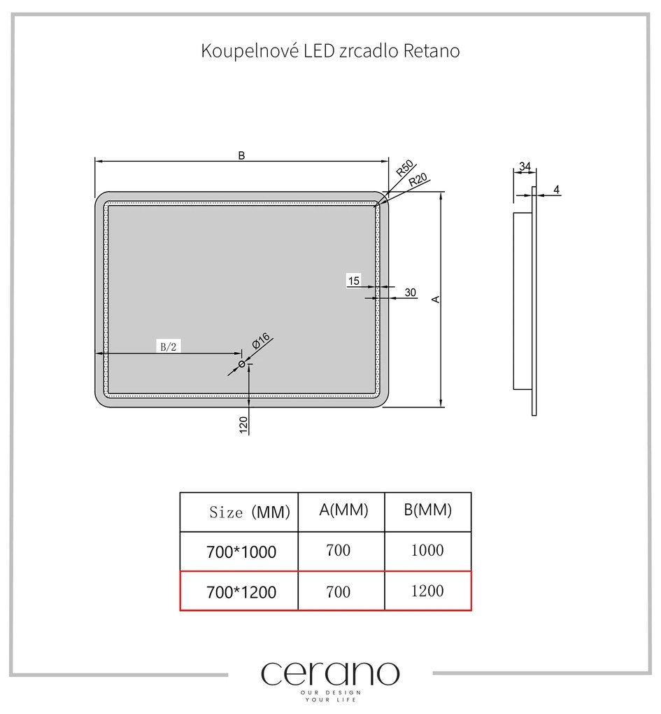 CERANO - Koupelnové LED zrcadlo Retano - 120x70 cm