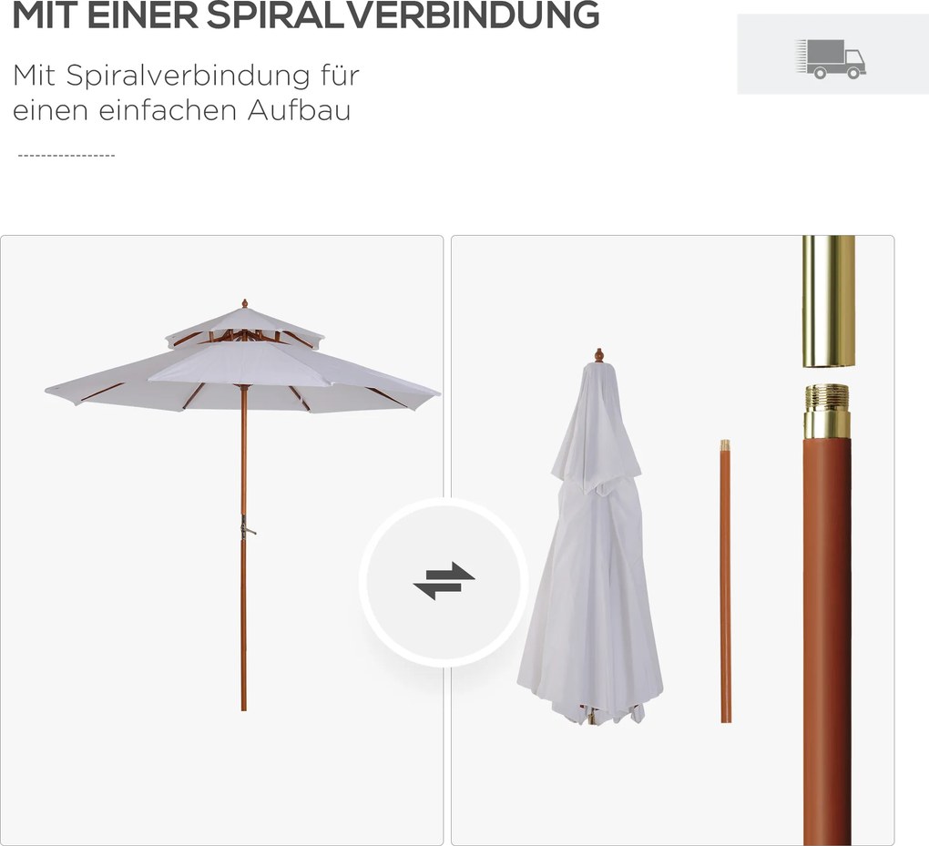 Dřevěný zahradní slunečník Outsunny s dvojitou stříškou, krémový, ideální na balkon a zahradu | Aosom.de