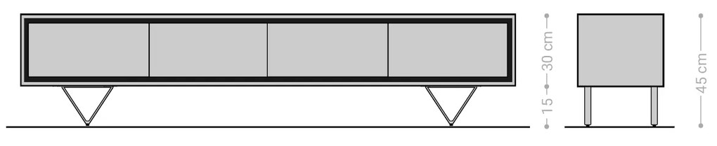 DELIFE TV stolek Stonegrace 200 cm akácie hnědá kamenná dýha 4 dvířka podnož ve tvaru V černá