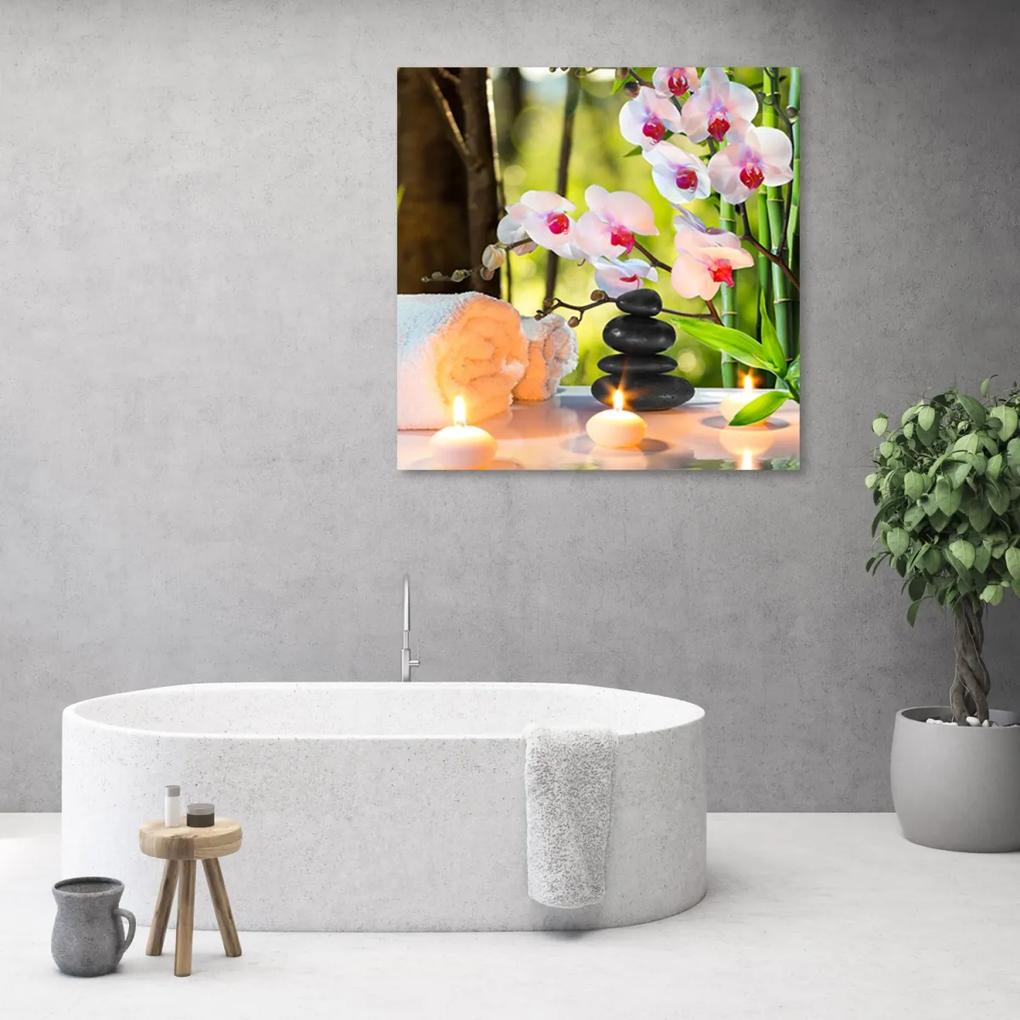 Obraz na plátně, Lázeňské svíčky a květy orchidejí - 50x50 cm