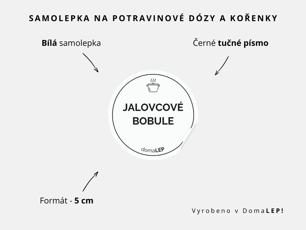 JALOVCOVÉ BOBULE - omyvatelná samolepka na kořenky, výběr rozměrů Ø 5 cm / 5 x 5 cm / 6 x 8 cm | DomaLEP tvar: KOLEČKO, barva: BÍLÁ - ČERNÉ písmo, velikost: Ø 5 cm - tučné písmo