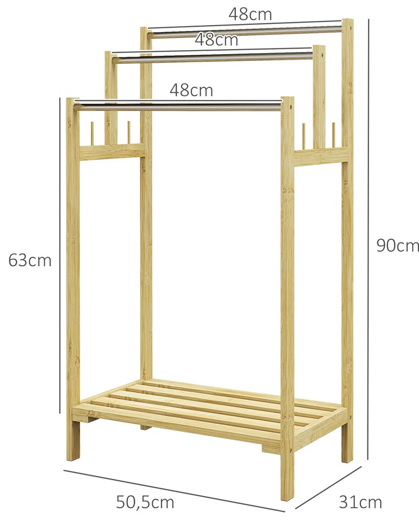 HOMCOM Volně stojící věšák na ručníky, věšák na ručníky se 4 háčky, 3 věšáky na ručníky, věšák na ručníky do koupelny, bambus, přírodní | Aosom