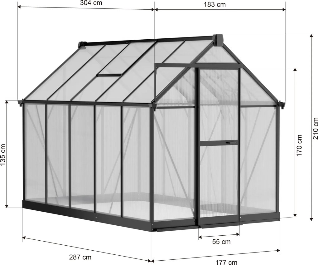 Skleník 210 x 183 x 304 cm, zesílená konstrukce, polykarbonát 6 mm