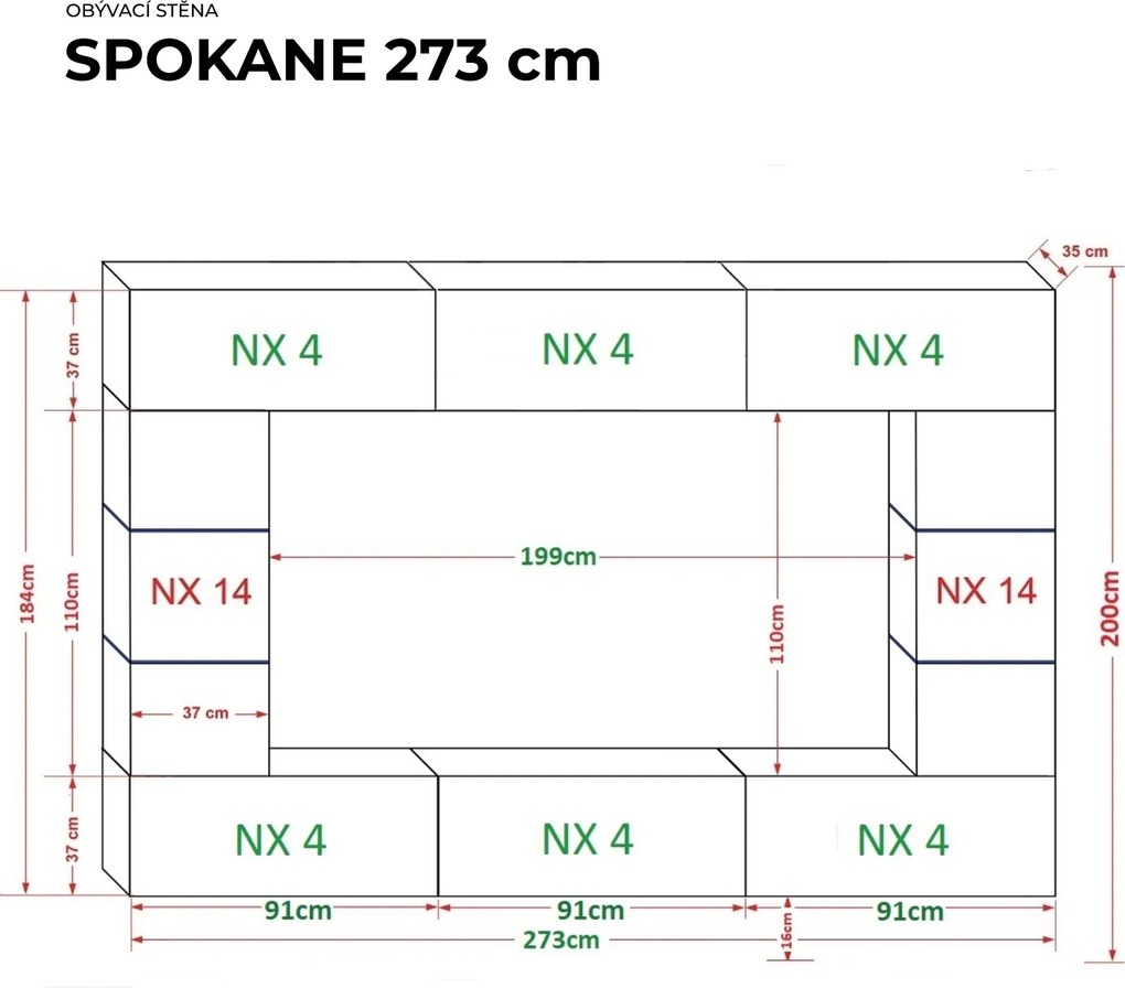 Ral Obývací stěna SPOKANE 2, 273 cm - Bílý lesk