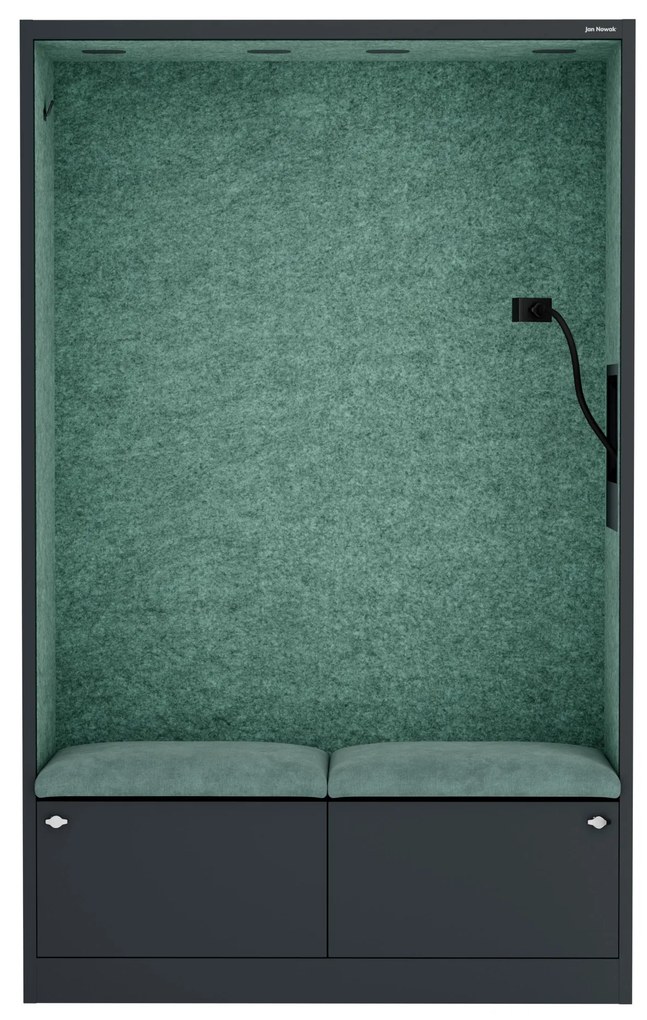 Kancelářská akustická kabina se sedátkem a USB-C portem, korpus antracitový / sedák zelený, 1150 mm: SALLY MentalBox