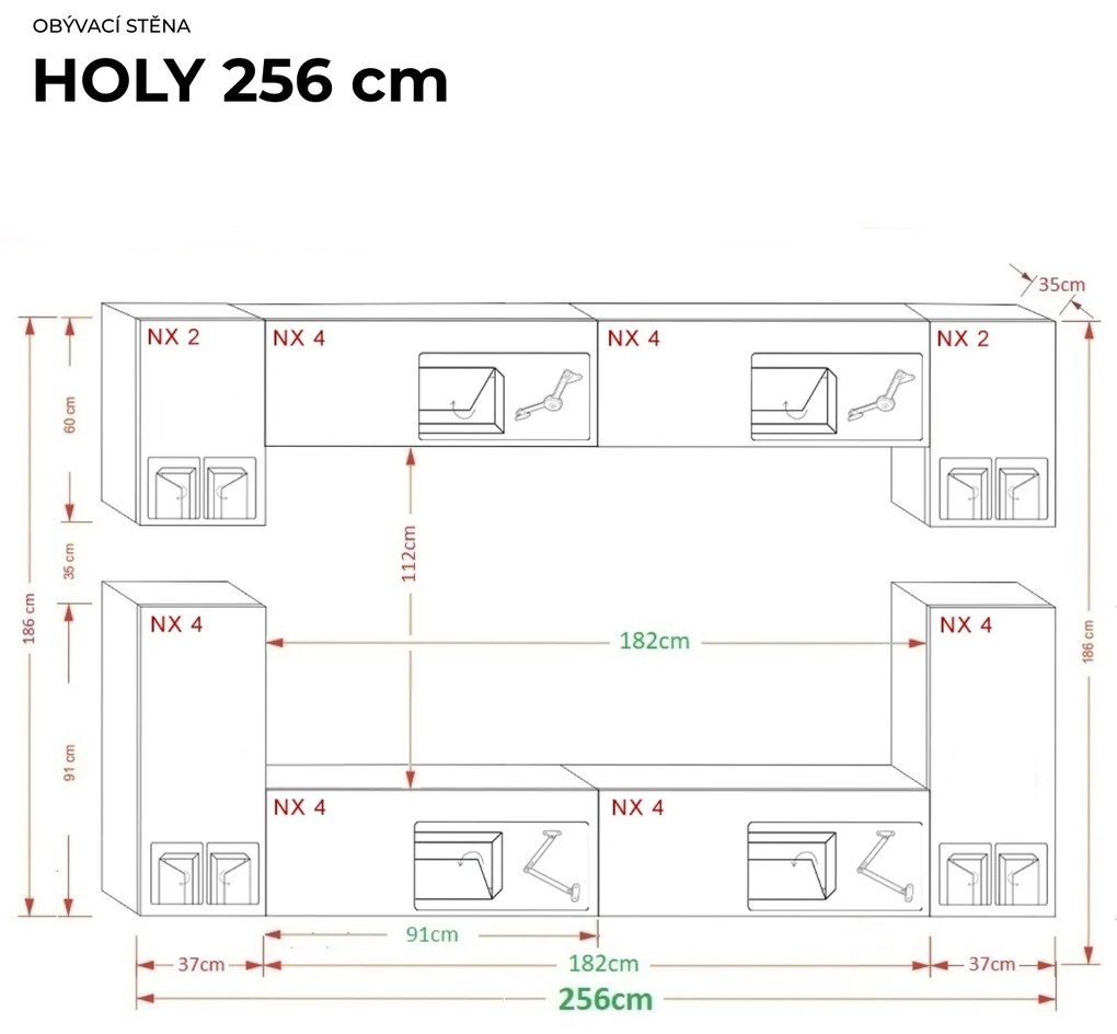 Ral Obývací stěna HOLY 3, 256 cm - Černý lesk