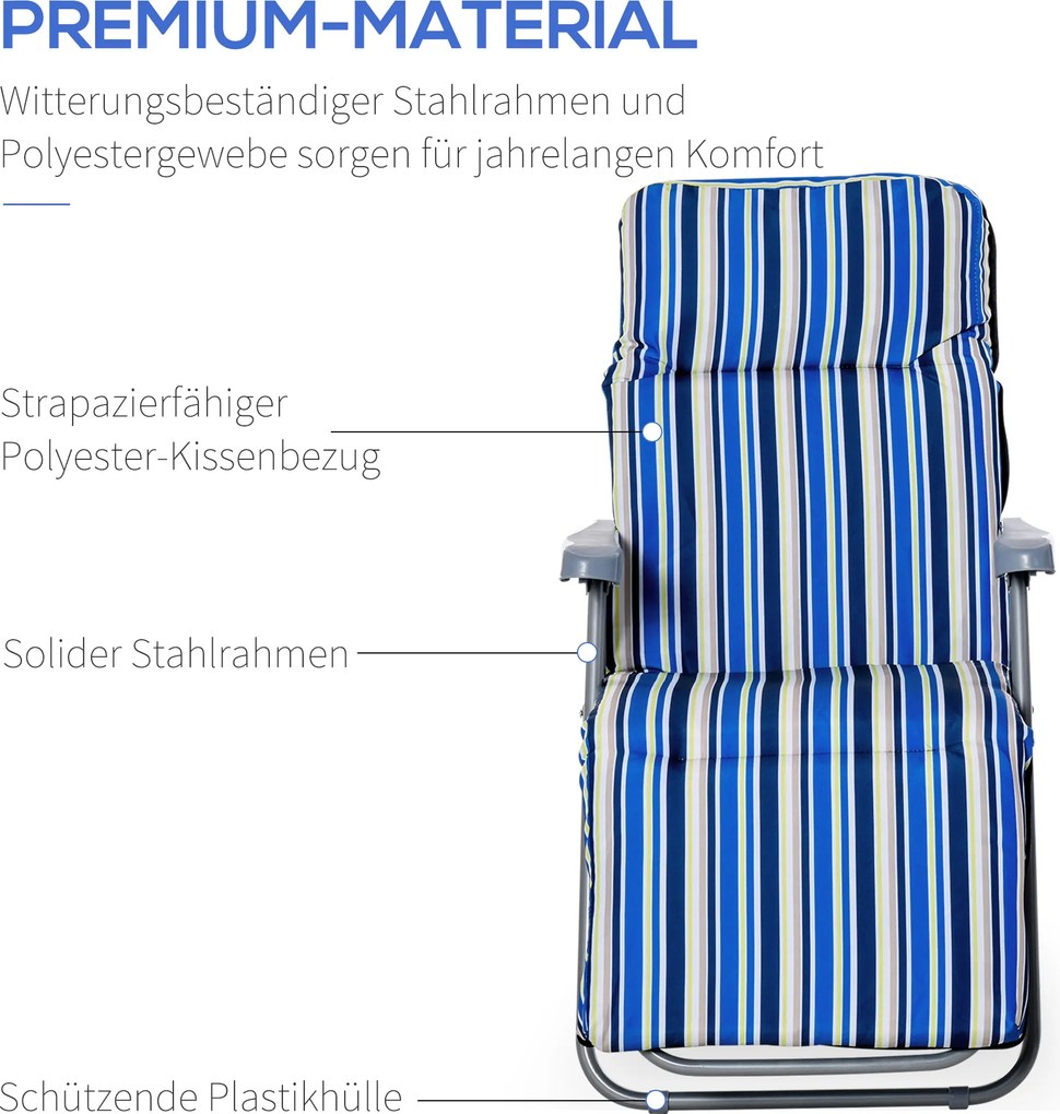 Outsunny lehátko sada 2 lehátek s polštářem skládací nastavitelné opěradlo ocel polyester modrá 60x75x65-102cm na zahradní terasu | Aosom.de