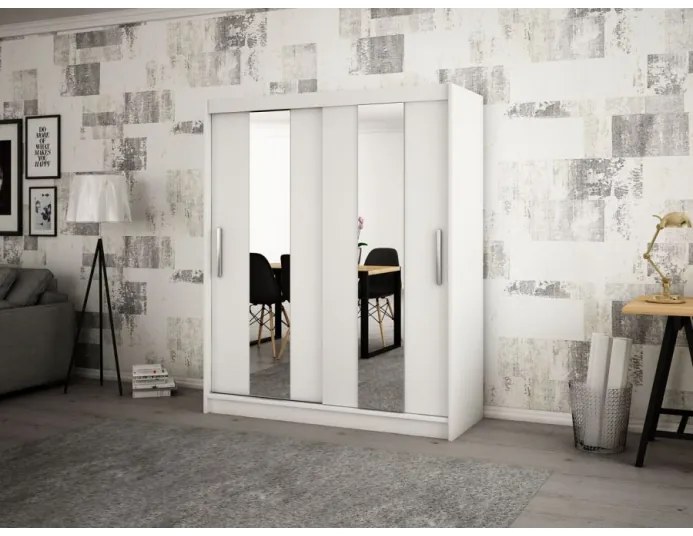 Elegantní šatní skříň se zrcadly na posuvných dveřích Alice 200 v barvě bílé