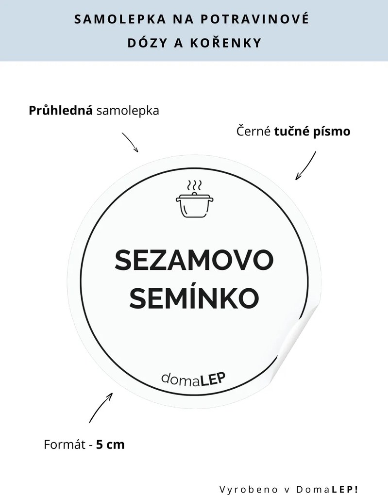 SEZAMOVO SEMÍNKO – průhledná samolepka na dózu, tučné písmo, 5 cm | DomaLEP