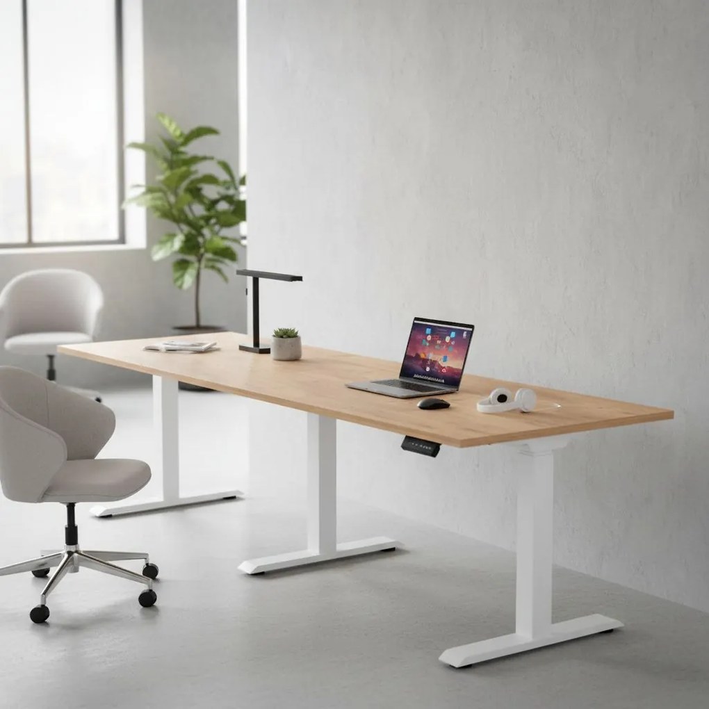 Výškově nastavitelný stůl OfficeTech Long, 240 x 80 cm, bílá podnož, dub kraft