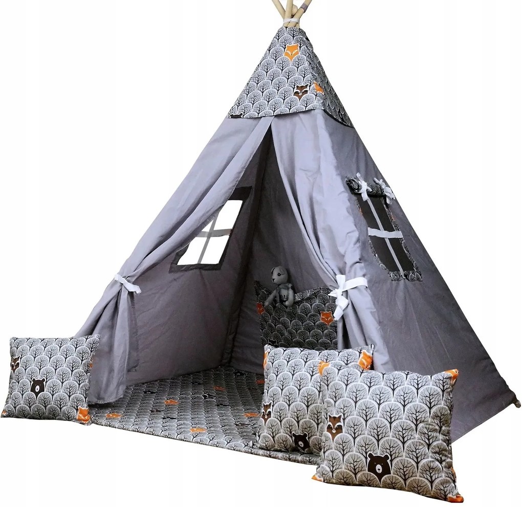 Dětský stan TEEPEE (TÝPÍ) ZIMNÍ ZVÍŘÁTKA s doplňky - šedý