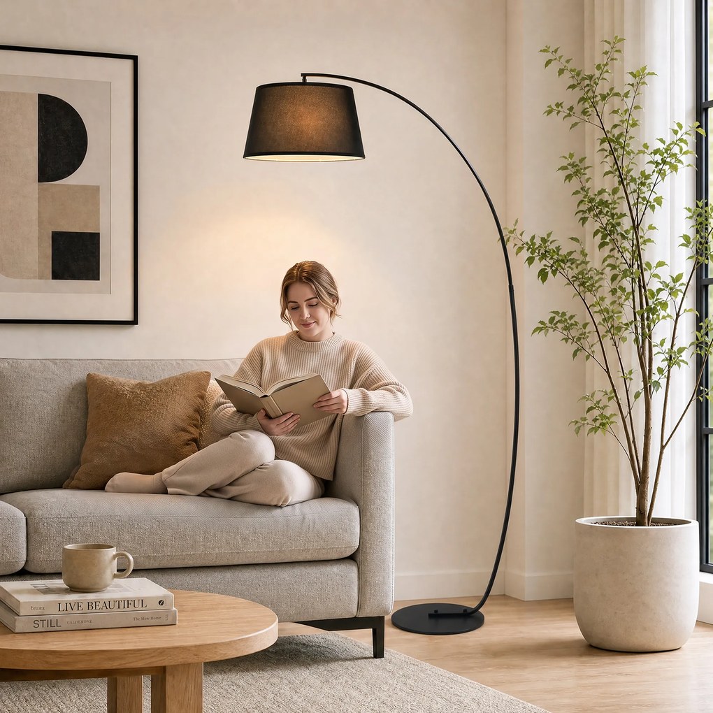 HOMCOM Stojací lampa, zakřivená stojací lampa s látkovým stínidlem, podlahová lampa s kulatou základnou, kov, 105D x 47Š x 190V cm, černá