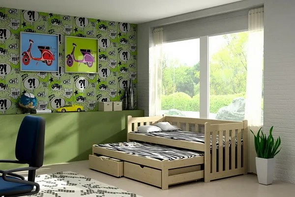 Vomaks Dětská postel s výsuvnou přistýlkou DPV 002 + zásuvky Bezbarvý ekologický lak 180 cm x 80 cm