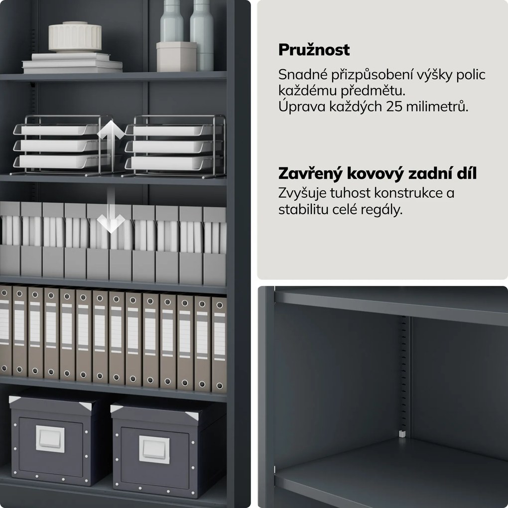 Kancelářský regál kovový, šroubovaný, uzavřená zadní část, antracitový, 900x1850x600 mm: RUFUS