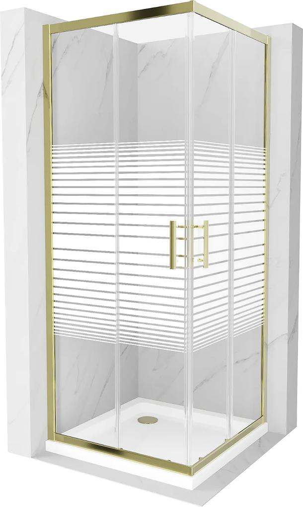 Mexen Rio, čtvercový sprchový kout s posuvnými dveřmi 70 (dveře) x 70 (dveře) x 190 cm, 5mm čiré sklo s pásky, zlatý profil + bílá sprchová vanička SLIM, 860-070-070-50-20-4010G