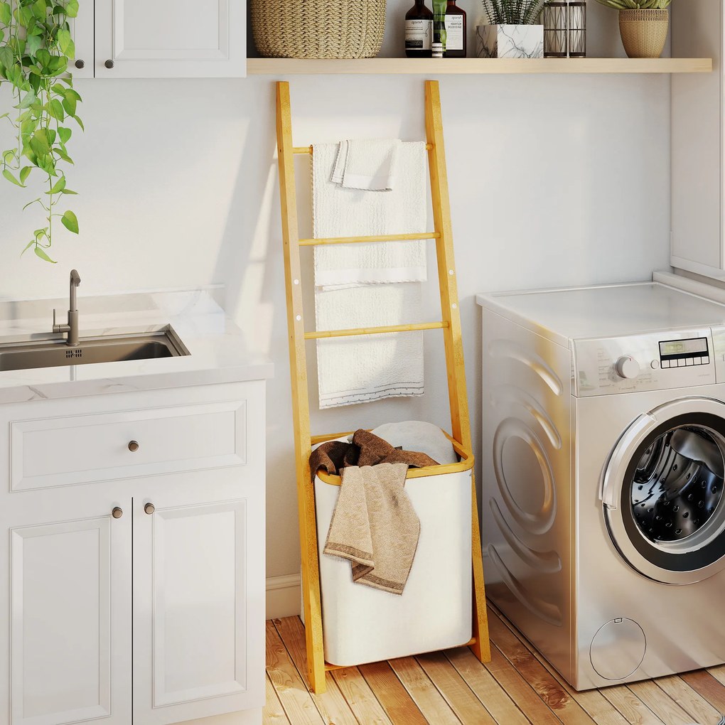 HOMCOM Koupelnový regál, 2-v-1, s 3 tyčemi, odnímatelný koš na prádlo 48 l, bambus, 43 x 35 x 133 cm, krémově bílý