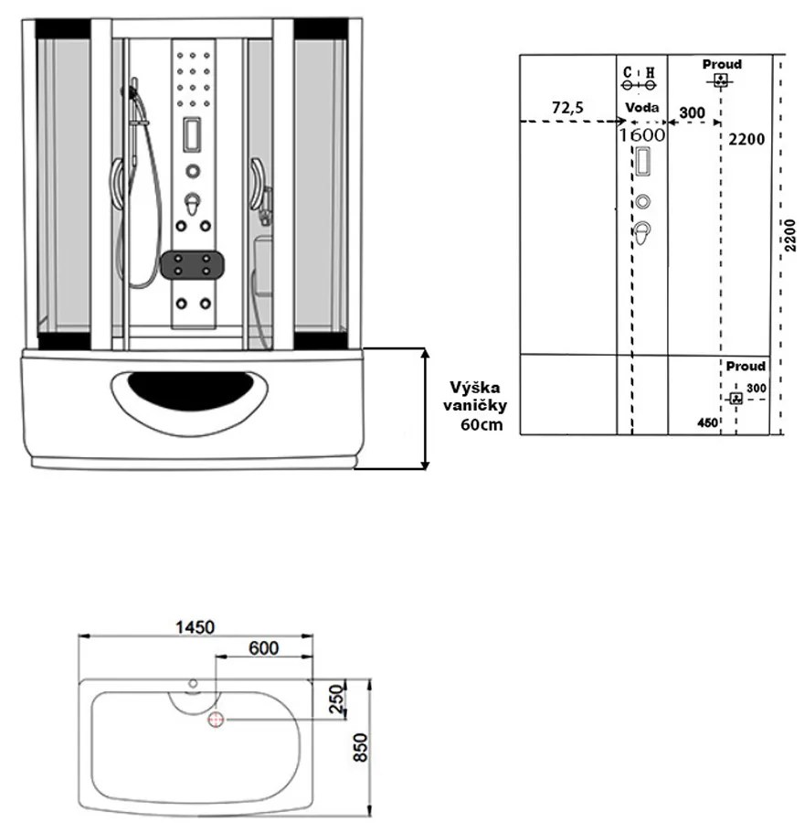 BPS-koupelny Hydromasážní box HYD-O99B 145x85, bez sauny v kombinaci s hydromasážní vanou