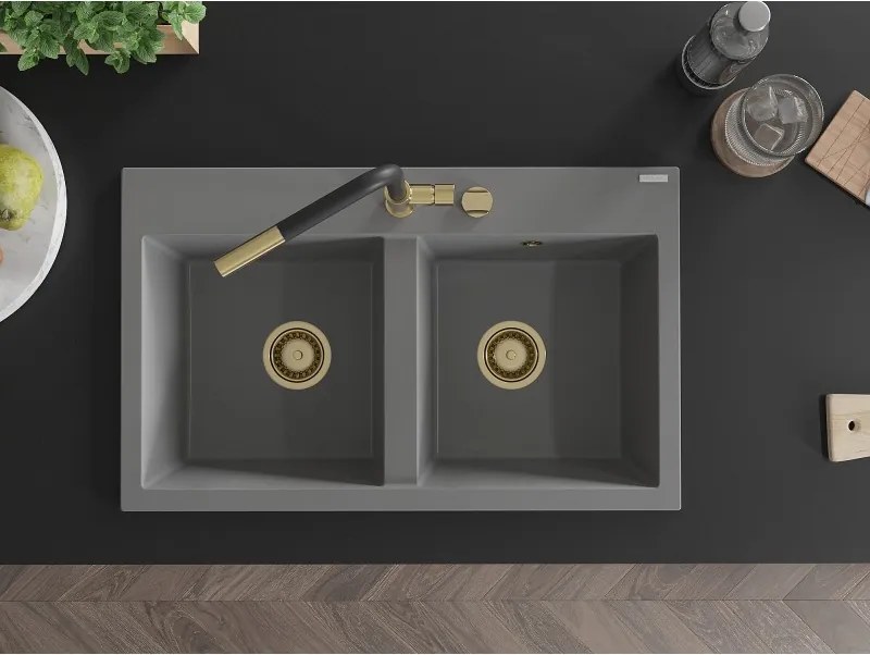Mexen Hektor, 2-komorový granitový dřez 800x480x205 mm, šedá, zlatý sifon, 6521802000-71-G
