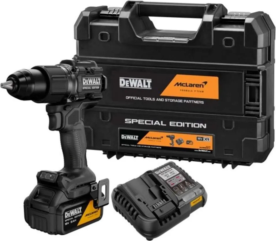 DeWALT - 18V AKU vrtací šroubovák s příklepem, McLaren, 1x aku 5,0 Ah XR Li-Ion, nabíječka DCD86MP1T