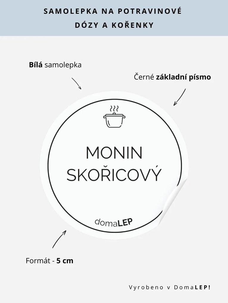 Samolepka na láhev MONIN SKOŘICOVÝ průměr 5 cm – bílá vinylová, voděodolná, omyvatelná samolepka na dózy, základní písmo