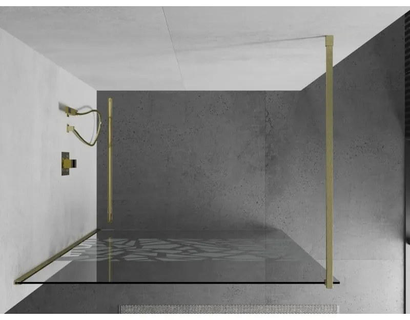 Mexen Kioto, sprchová zástěna Walk-In 100 x 200 cm, 8mm čiré sklo bílý vzor, zlatý matný profil, 800-100-101-55-85