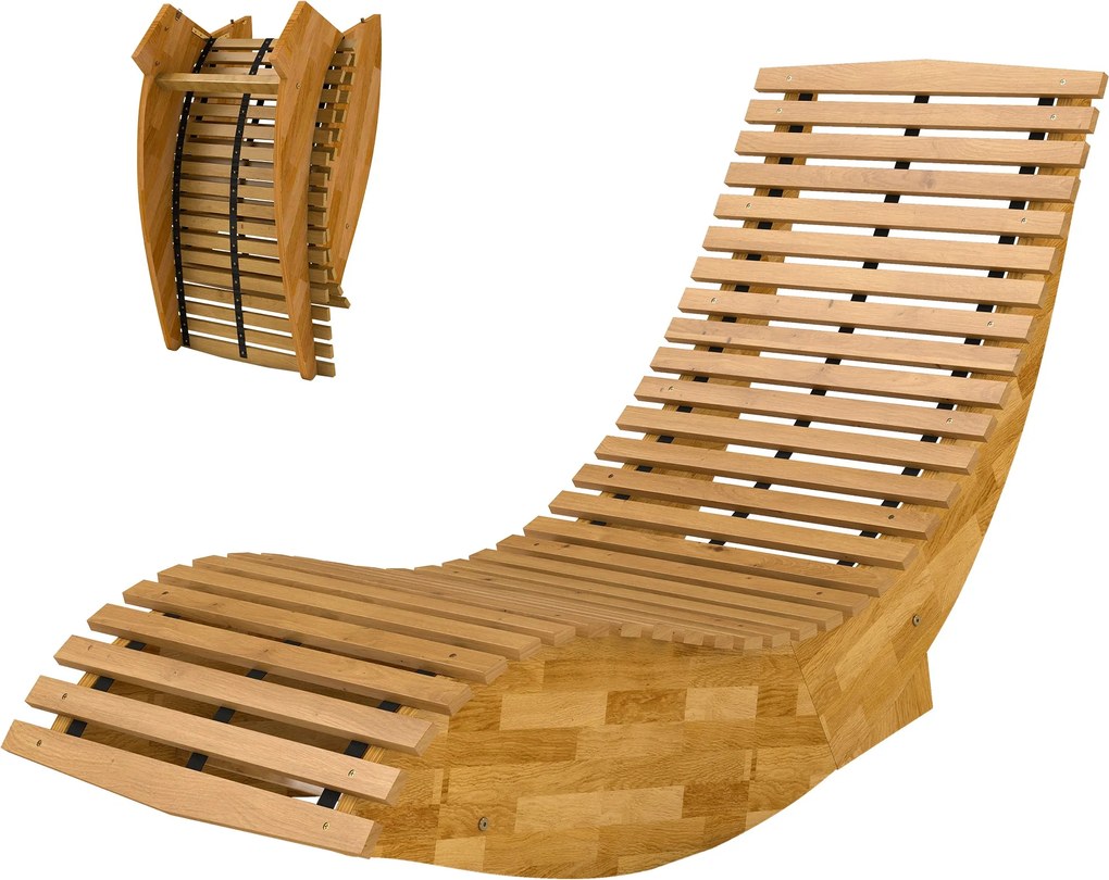 Outsunny skládací lehátko z akáciového dřeva — ergonomické S-profilové laťkové provedení, skládací houpací denní lůžko do zahrady, na balkón a terasu,