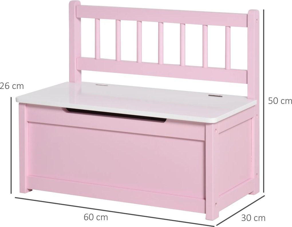 HOMCOM Dětská úložná lavička s opěradlem a polstrovaným víkem, nosnost 40 kg, rozměry 60x30x50 cm, růžová a bílá