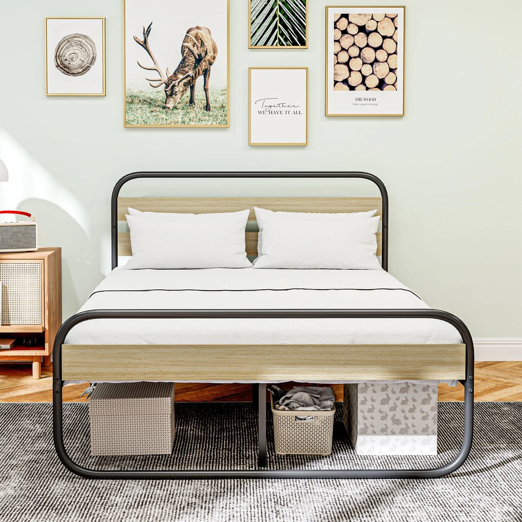 HOMCOM Dvoulůžko 140 x 190 cm, kovový rám v industriálním stylu, čelo a nožní část včetně roštu, dřevěný vzhled