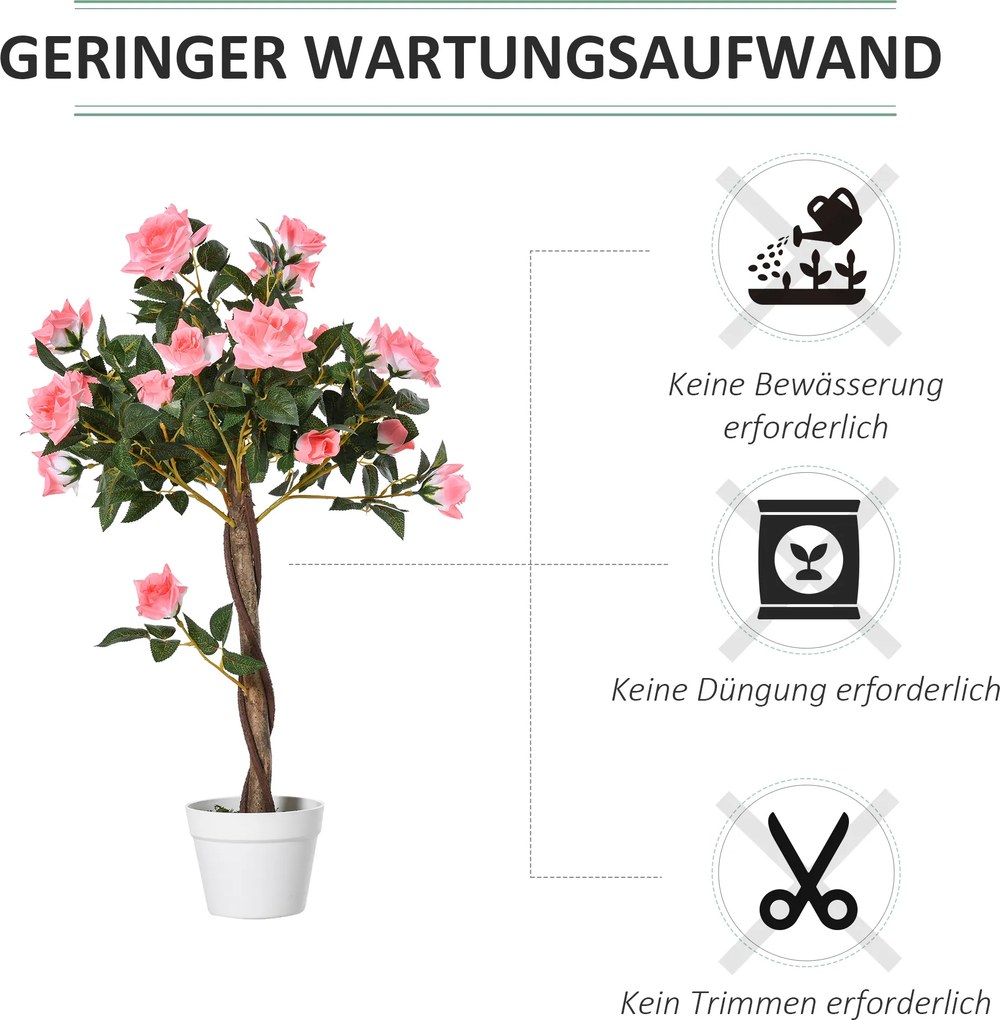 Outsunny Velké Umělé Růže 90 cm – Umělá Rostlina, Plastový Růžový Strom v Květináči, Realistický Umělý Strom pro Moderní Dekoraci Obývacího Pokoje, L…