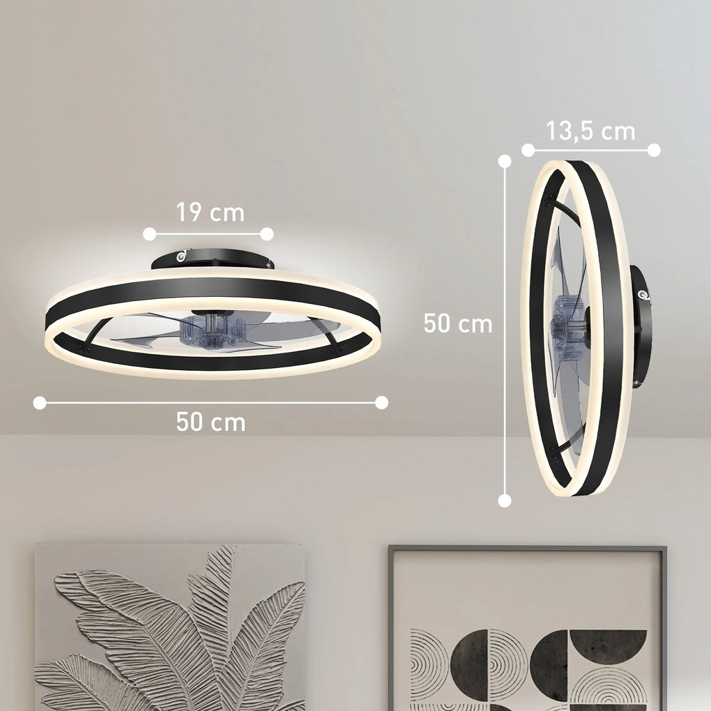 HOMCOM 45W LED stropní ventilátor se světlem, reverzní DC motor, tichý, dálkové ovládání, 6 rychlostí, 3 barevné teploty, časovač, Ø50 cm, černý